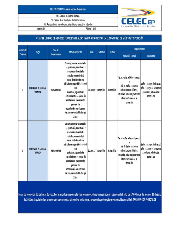 Bases Proceso de Seleccion 4 OPERADORES DE CENTRAL TERMICA | PDF ...