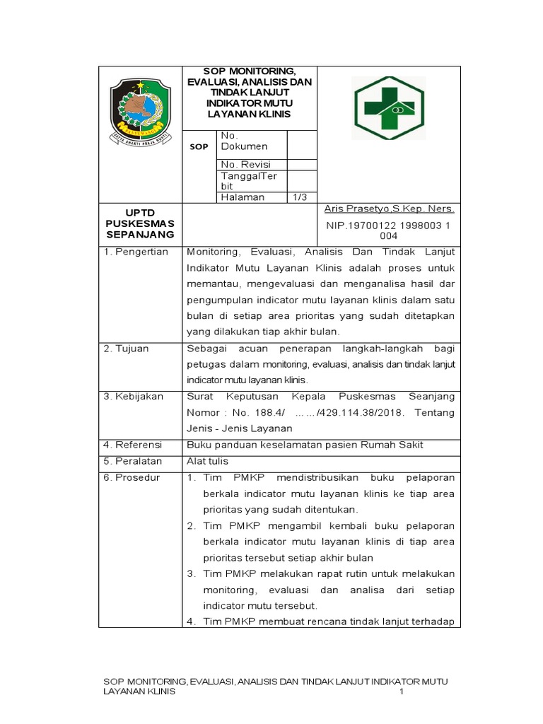 9.1.1 Ep1 Sop Monitoring, Evaluasi, Analisis Dan Tindak Lanjut Indikator Mutu Layanan Klinis ...