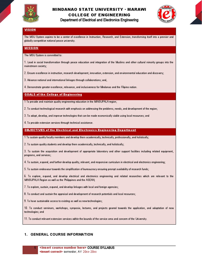 COE Syllabus Template For EE Only Updated 11-20 v3 | PDF | Engineering ...