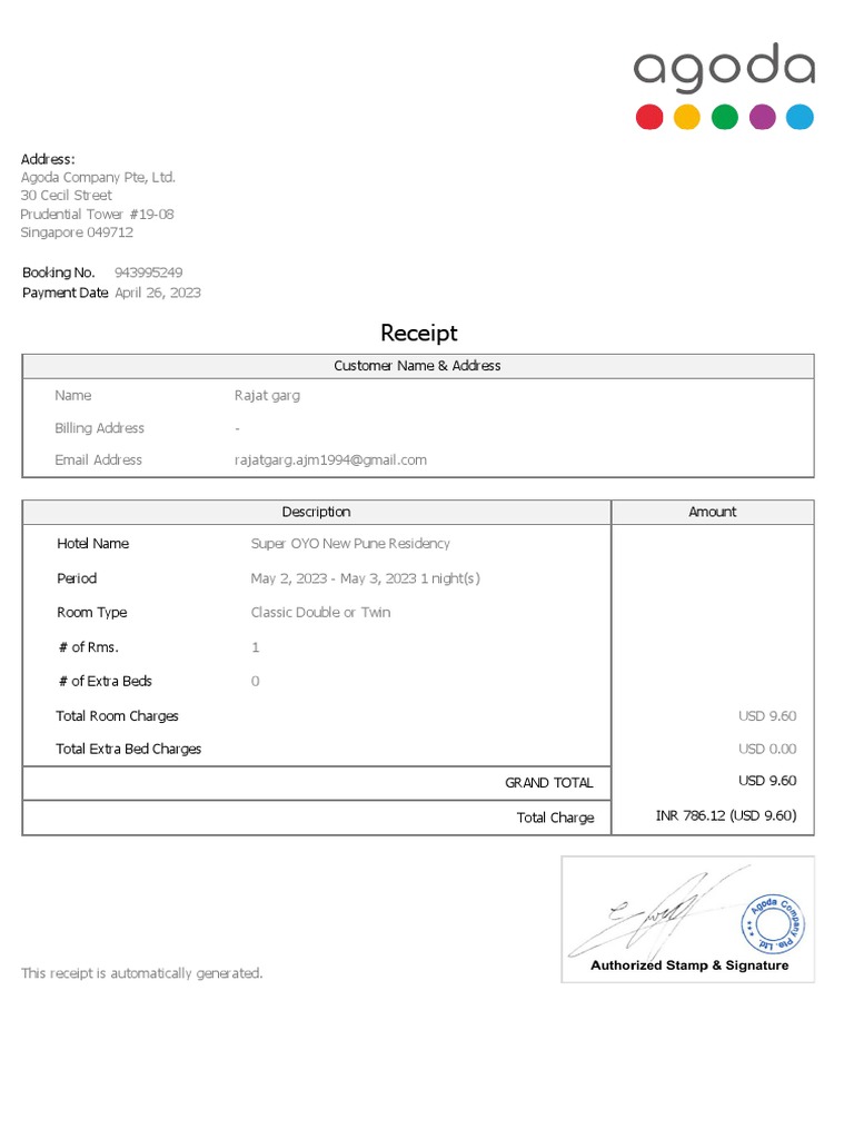 Agoda Booking ID 943995249 - RECEIPT Enclosed | PDF