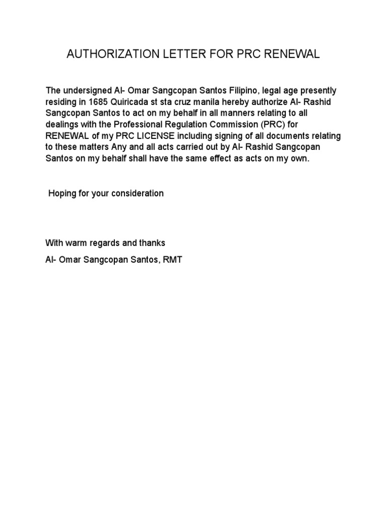 Authorization Letter For PRC Renewal | PDF