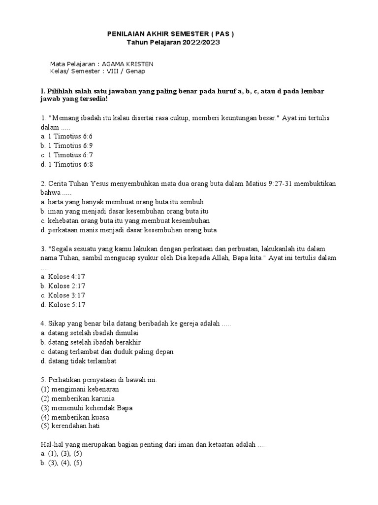 Soal & Jawaban Agama Kristen Kelas 8 - WWW - Kherysuryawan.id | PDF | Agama & Spiritualitas