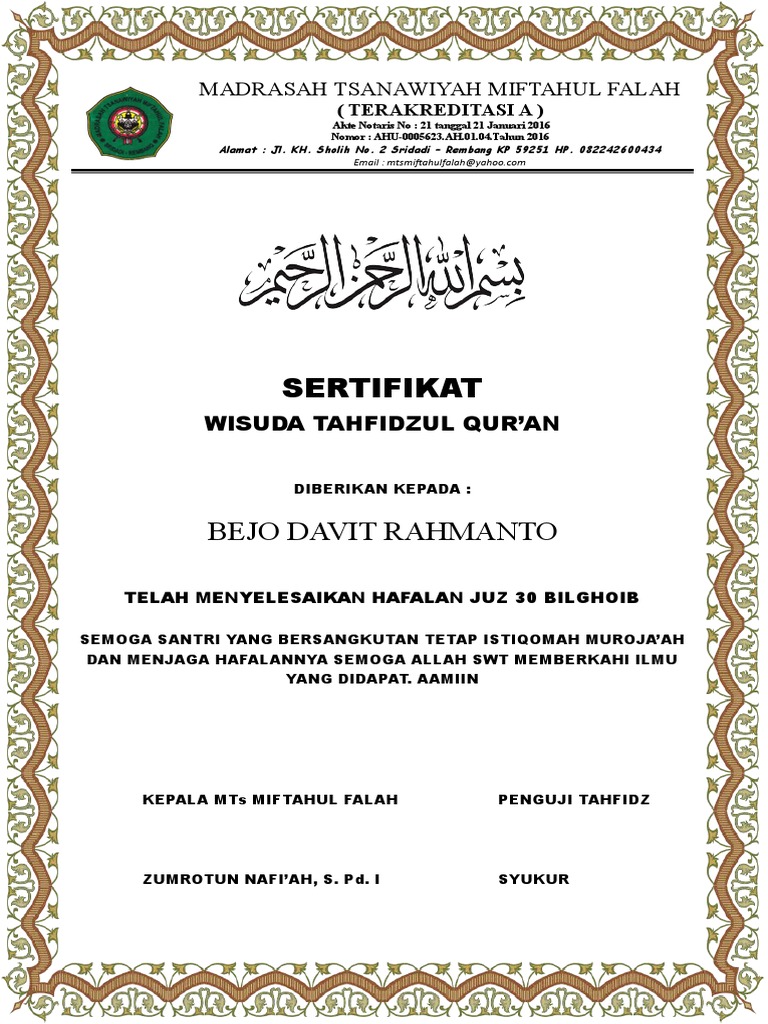 Sertifikat Tahfidz | PDF
