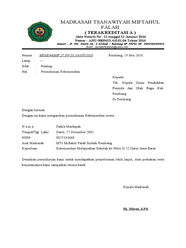 Permohonan Rekomendasi Siswa MTs Miftahul Falah | PDF