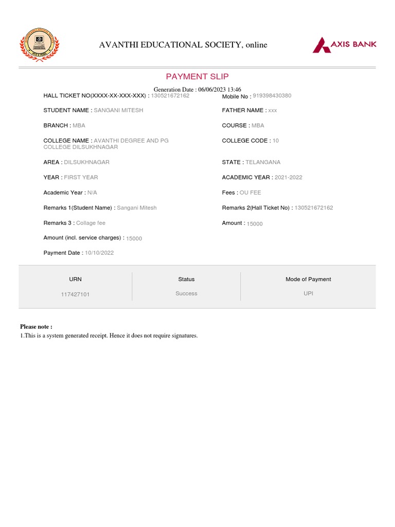 MBA Student Payment Receipt | PDF