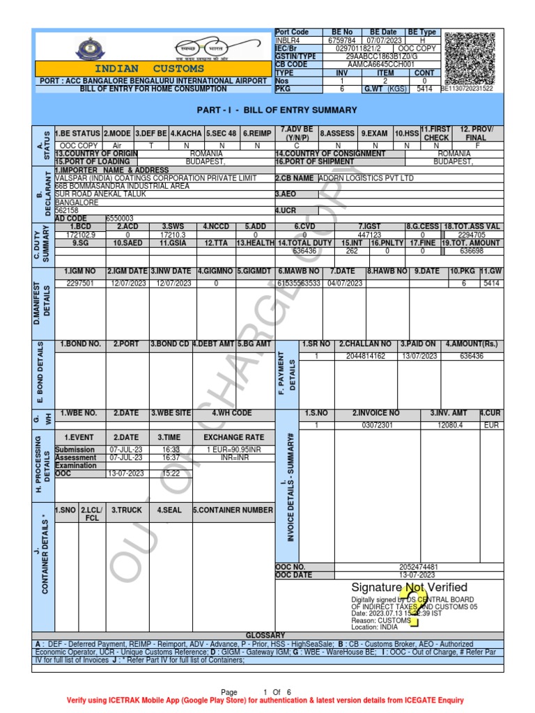 Customs Bill of Entry Summary | PDF | Invoice | Business