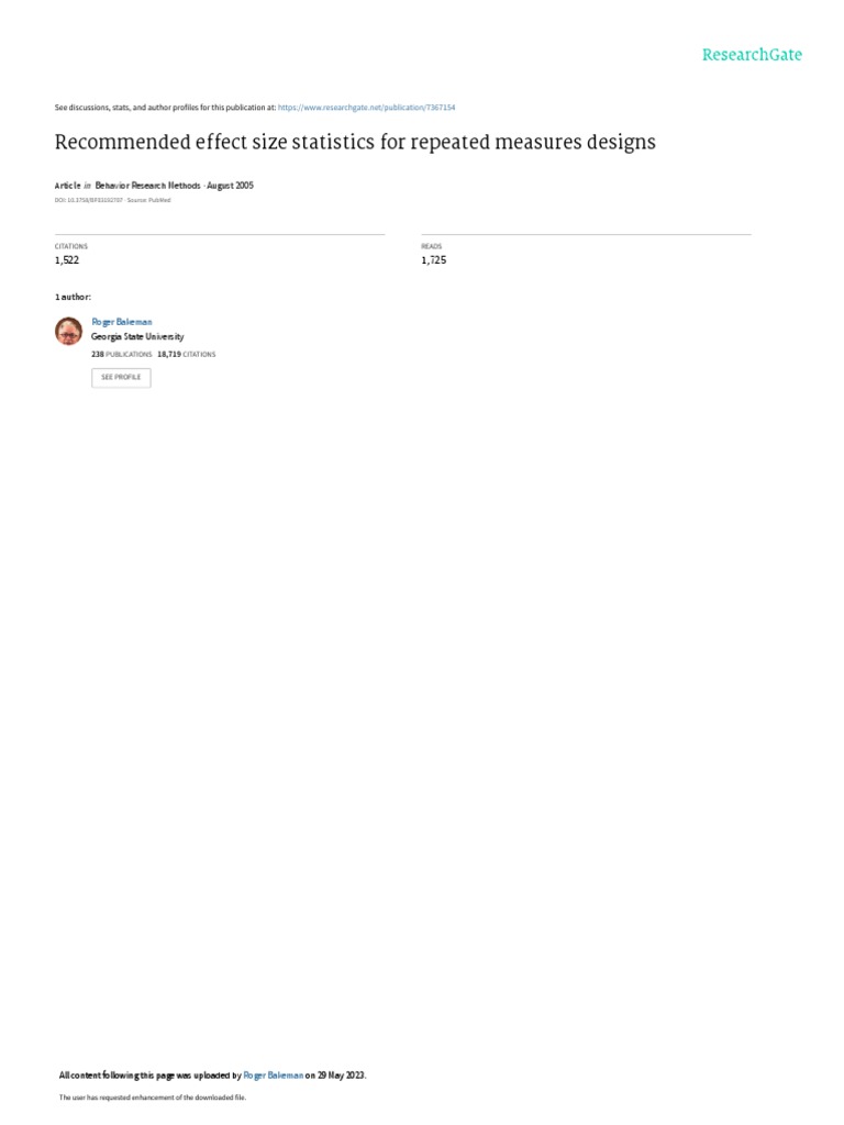 Bakeman (2005) - Recommended Effect Size Statistics For Repeated ...