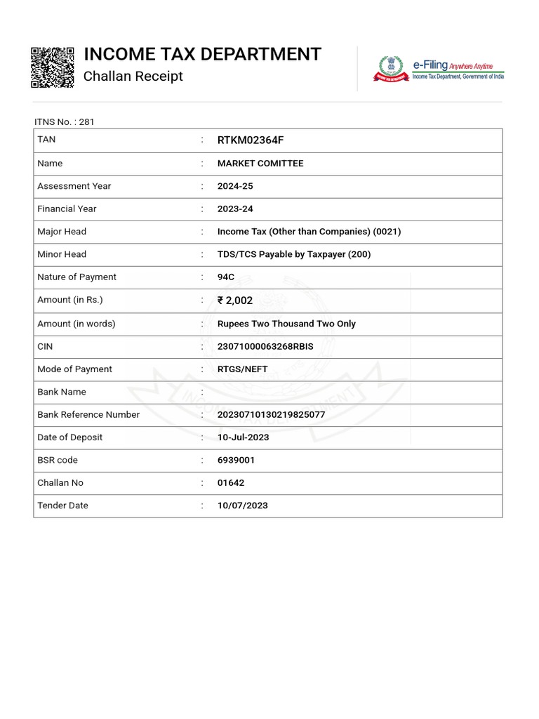 23071000063268RBIS ChallanReceipt | PDF | Taxes | Government Finances