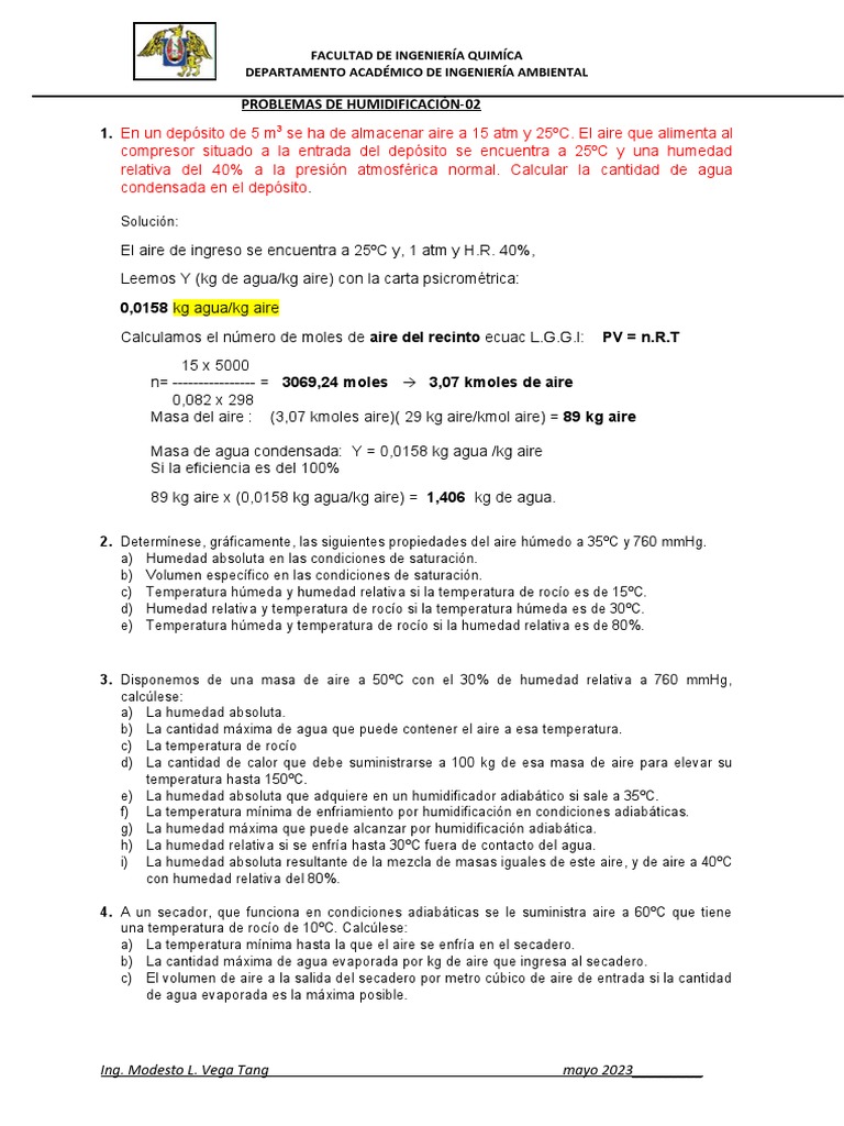 0 2 Ejerc - Resueltos-HUMIDIFICACIÓN-02 Ing Amb | PDF | Humedad | Temperatura