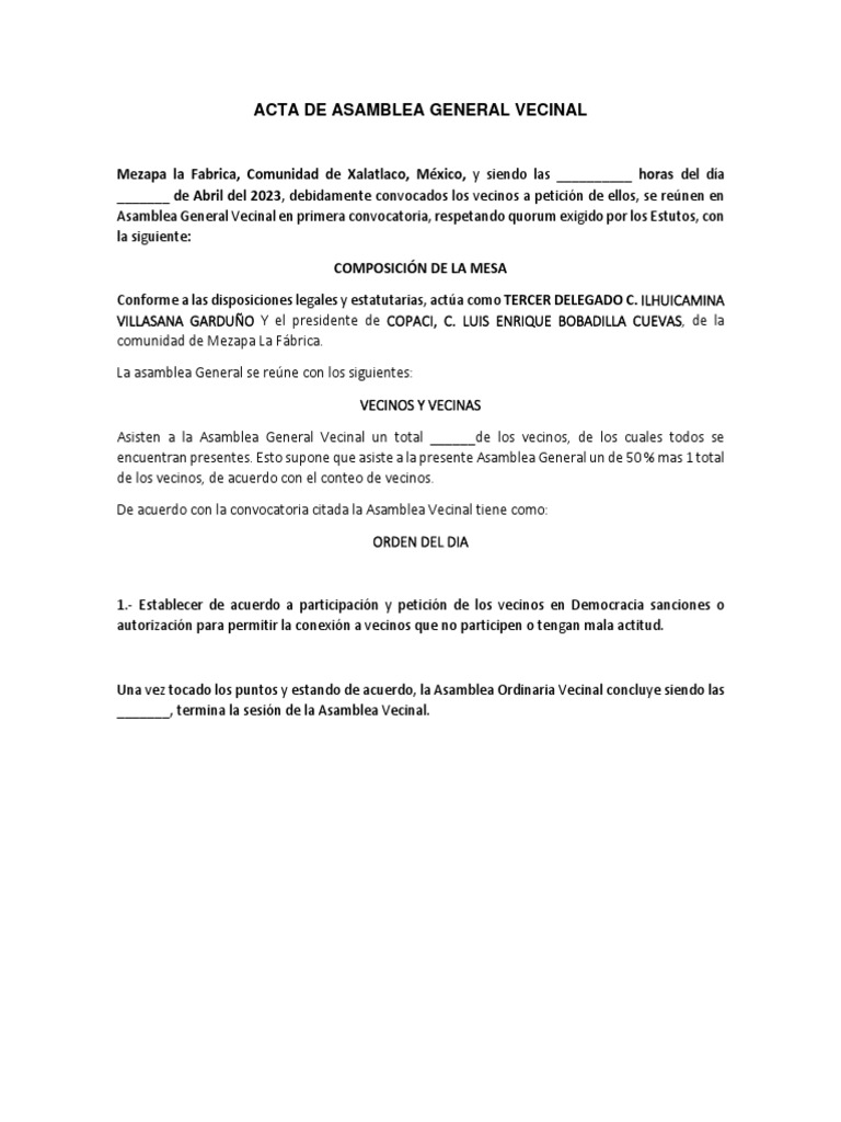 Acta de Asamblea General Vecinal | PDF | Ciencias sociales