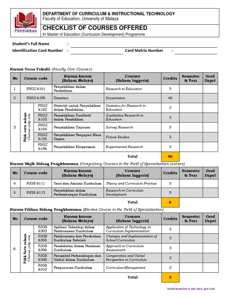 20160303-Senarai Semak Kursus-Kursus Program Perkembangan Kurikulum | PDF