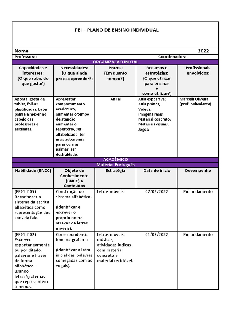 _PEI - MODELO ESCOLAR | PDF | Alfabeto | Matéria
