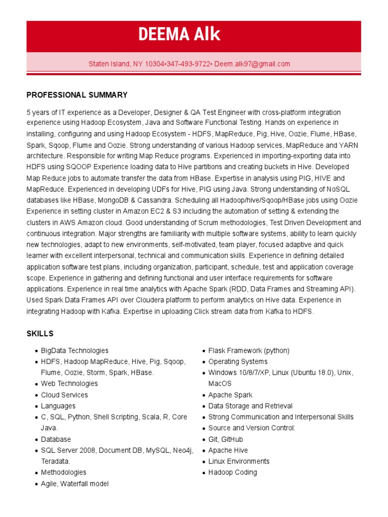 Dice Resume CV Deema Alk | Download Free PDF | Apache Hadoop | Apache Spark