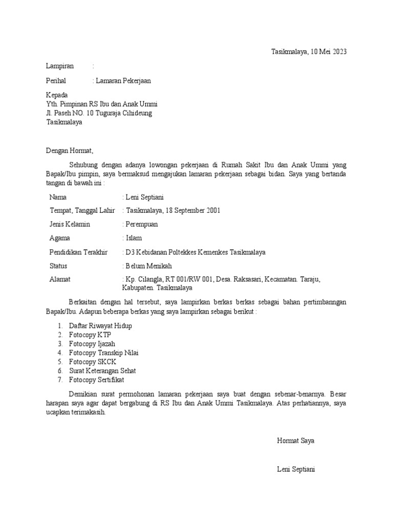 Surat Lamaran Kerja Leni | PDF