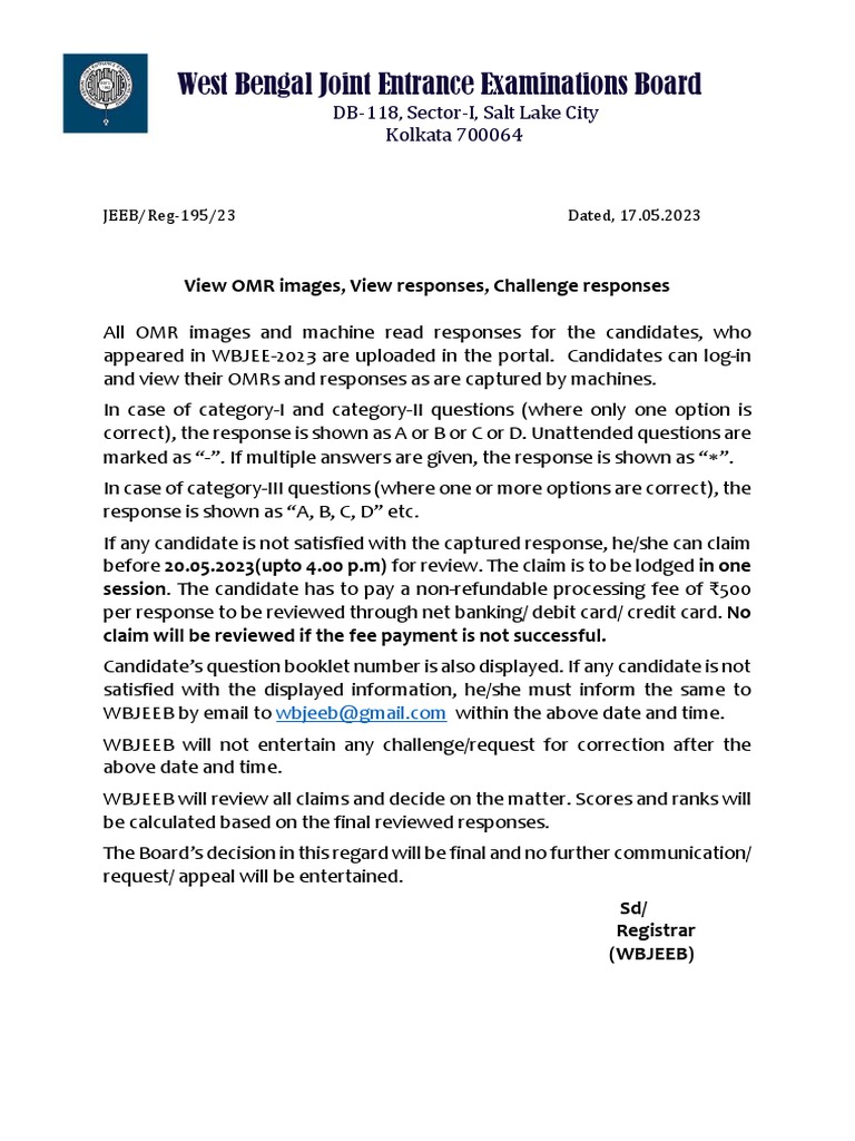 WBJEE-2023 OMR Response Review Notice | PDF