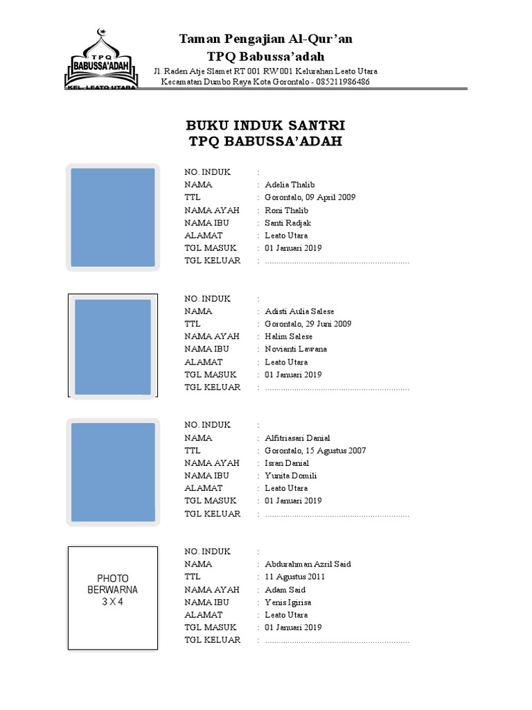 Buku Induk Santri TPQ Babussadaha | PDF
