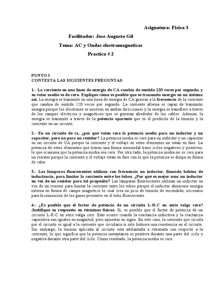 Practica de AC y Electromagnetismo | PDF | Energia electrica | Corriente eléctrica