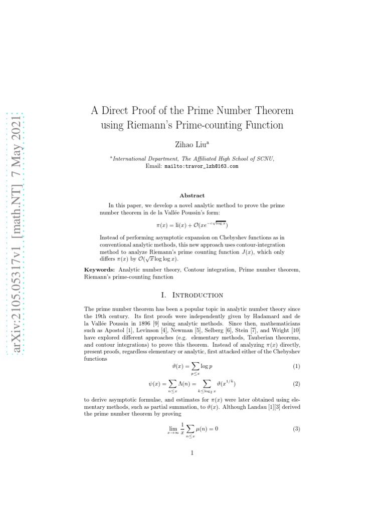 A Direct Proof of The Prime Number Theorem Using Riemann's Prime-Counting Function | Download ...