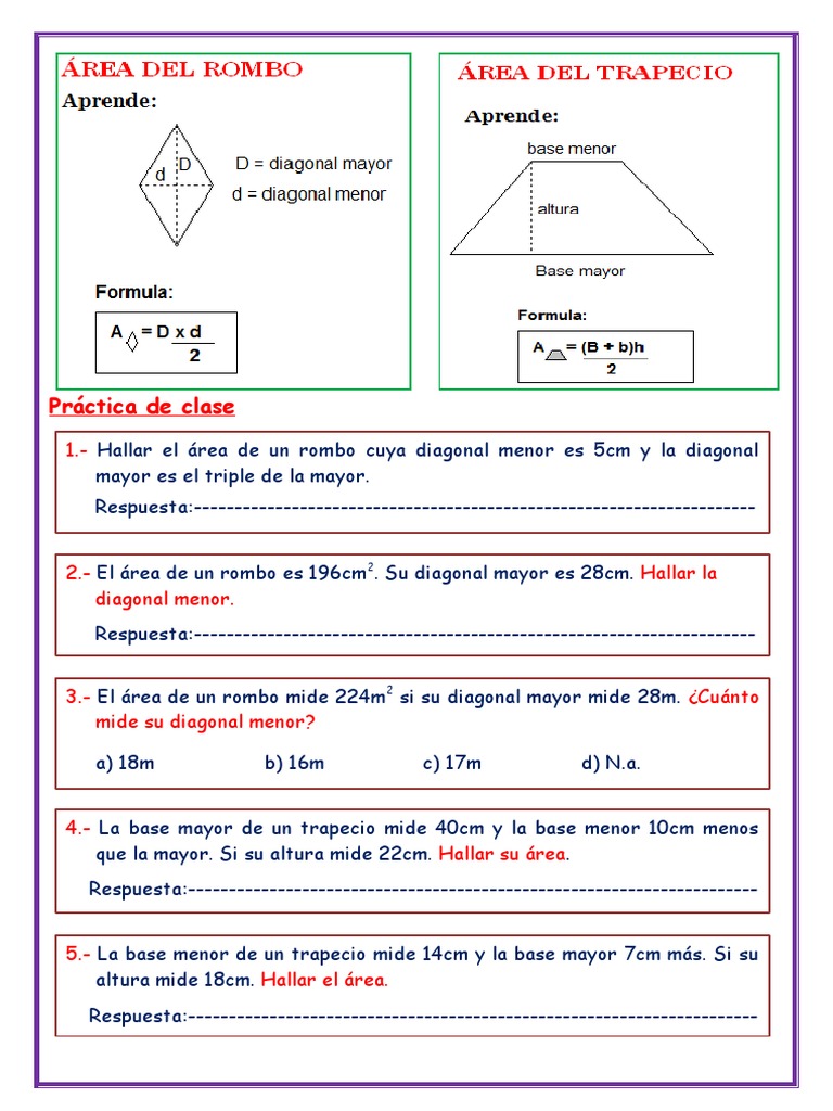ÁREA DEL ROMBO Y TRAPECIO | PDF | Geometría Elemental | Formas geométricas