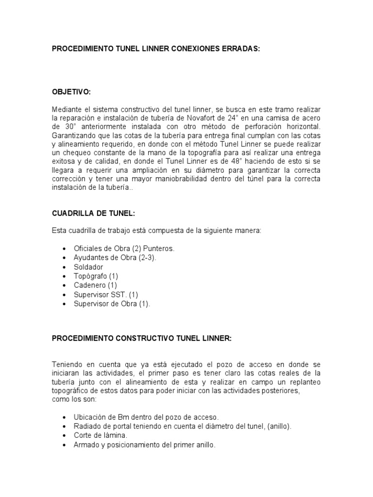 Procedimiento Tunel Linner Conexiones Erradas | PDF | Túnel | Tubería (transporte de fluidos)