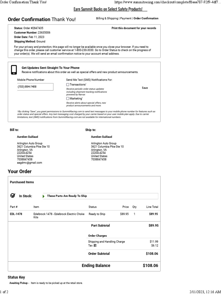 Corvette Reciept Summit Racing | PDF | Text Messaging | Communication