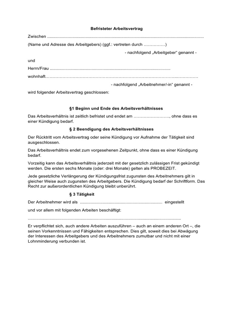 Arbeitsvertrag Befristet Muster | PDF