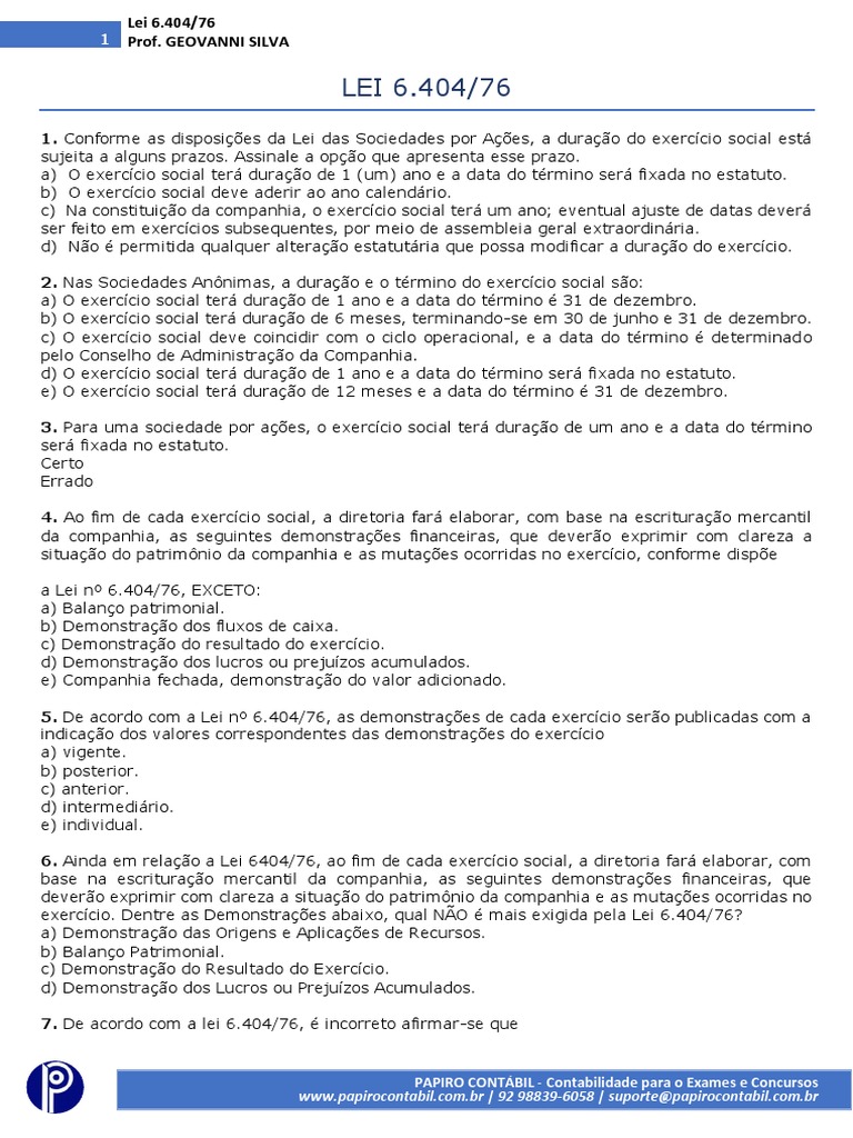 Lei 6404-76 Questões | PDF | Contabilidade | Dividendo