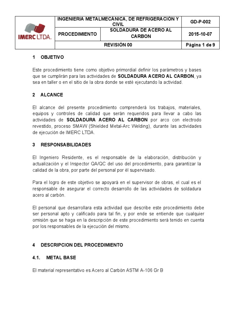 GP-P-002 Procedimiento para Soldaduras de Acero Al Carbon | PDF | Soldadura | Construcción