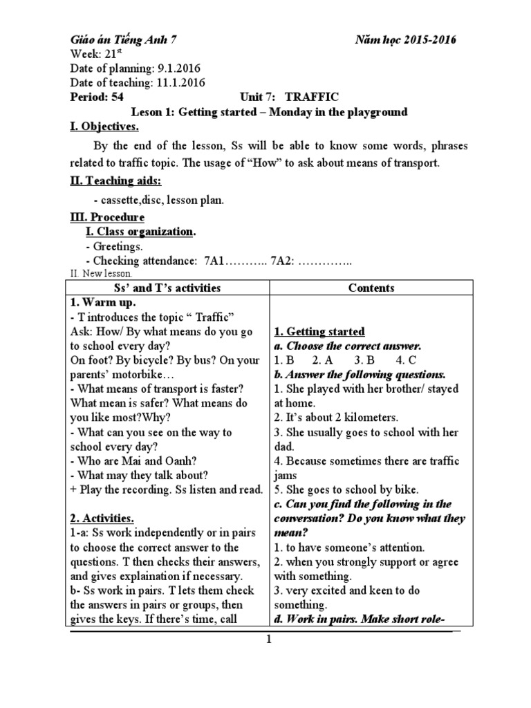 Period: 54 Unit 7: Traffic Leson 1: Getting Started - Monday in The Playground I. Objectives ...