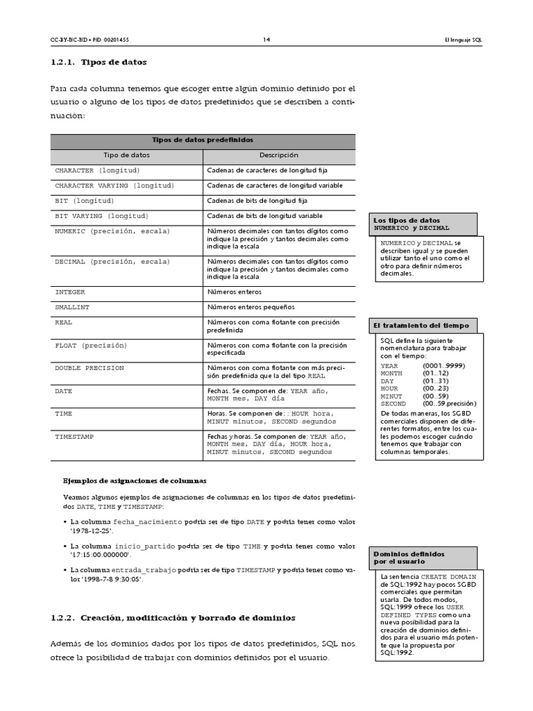 Tipos de Datos y Dominios en SQL | PDF | SQL | Base de datos relacional