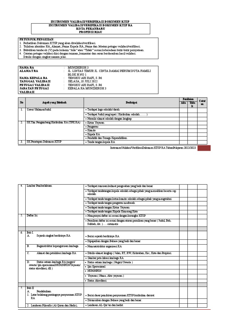 Instrumen Validasi Dok. KTSP Ra 2022-2023 | PDF
