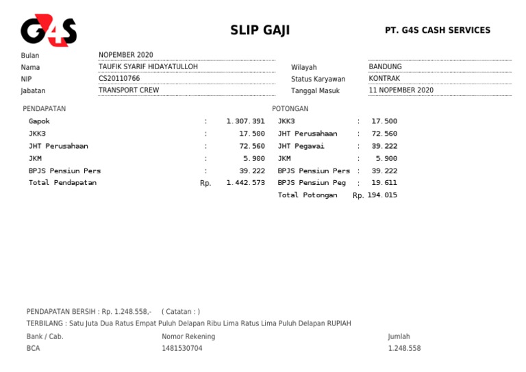 Slip Gaji Karyawan PT. G4S November 2020 | PDF