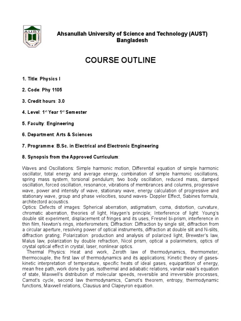 PHY1105 Course Outline | PDF | Diffraction | Optics