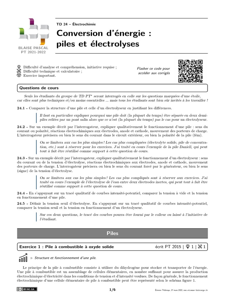Electrolyse Td-Énoncé | PDF | Pile à combustible | Électrochimie