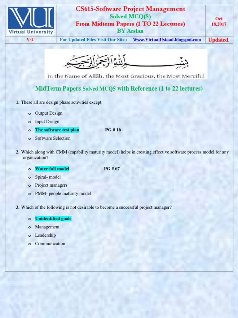 CS615 Midterm MCQs Overview | PDF | Software Testing | Project Management