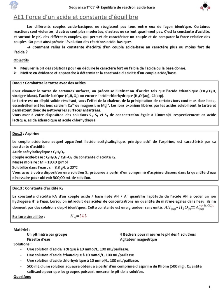 TC7 AE1 Force D'un Acide Et Constante D'équilibre | PDF | Acide | Concentration molaire
