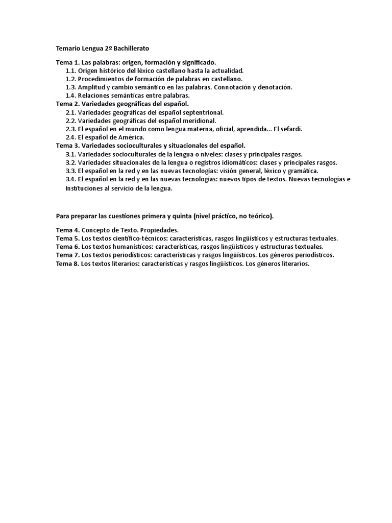 Temario Lengua 2º Bachillerato | PDF | Ciencias sociales | Estudios de idiomas extranjeros