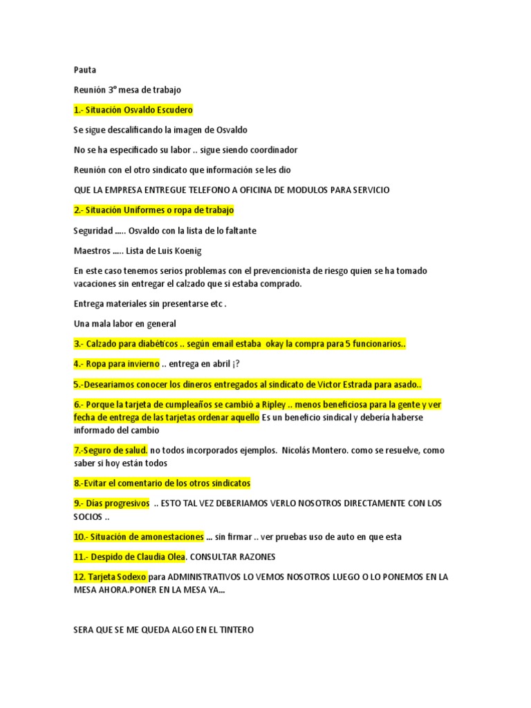 Pauta Mesa de Trabajo | PDF