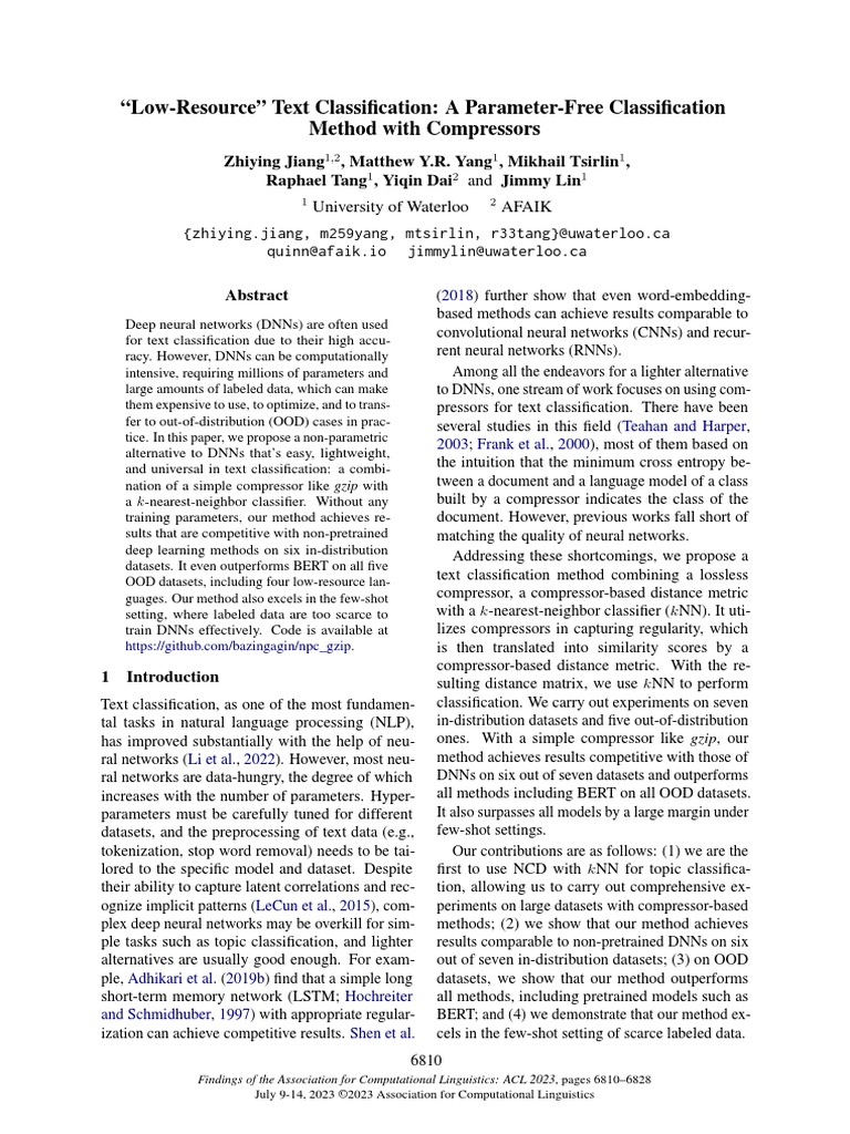 "Low-Resource" Text Classification: A Parameter-Free Classification Method With Compressors ...