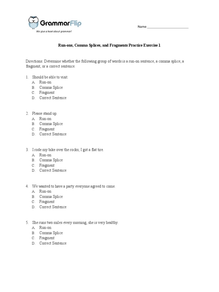 5e174615fb9c030e5e154bbd - Run-Ons Comma Splices and Fragments ...