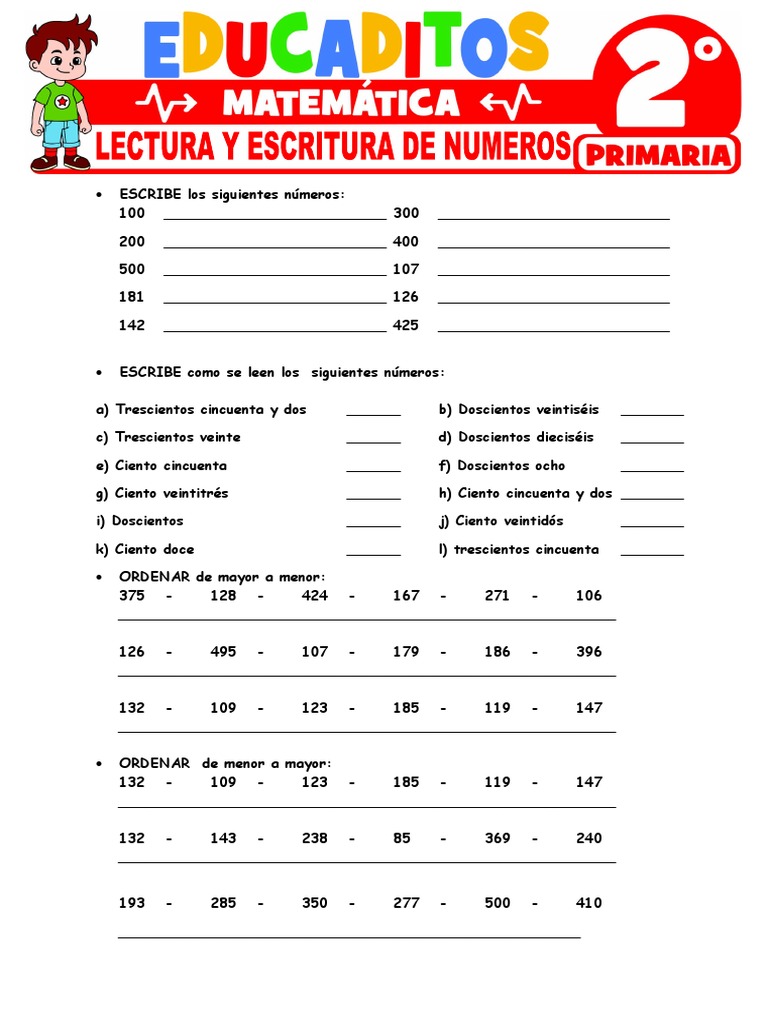 Lectura y Escritura de Numeros para Segundo Grado de Primaria | PDF Lectura y Escritura de Numeros para Segundo Grado de Primaria | PDF