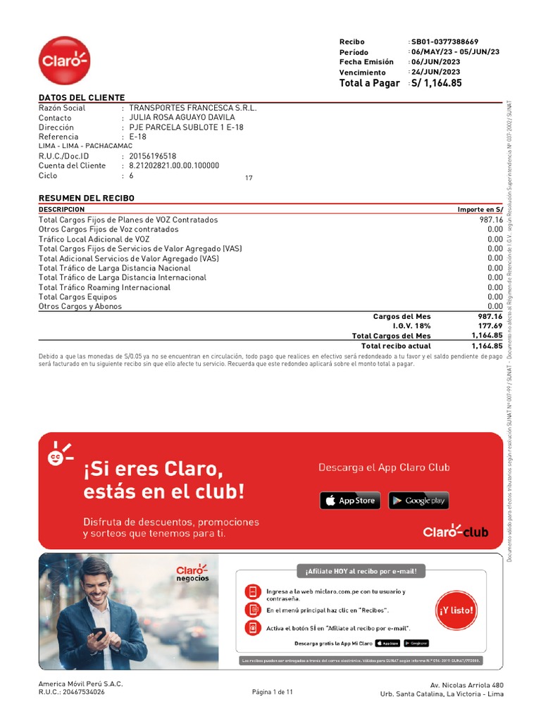 Recibo de Claro Perú: Detalles y Cargos | PDF | Teléfonos móviles ...