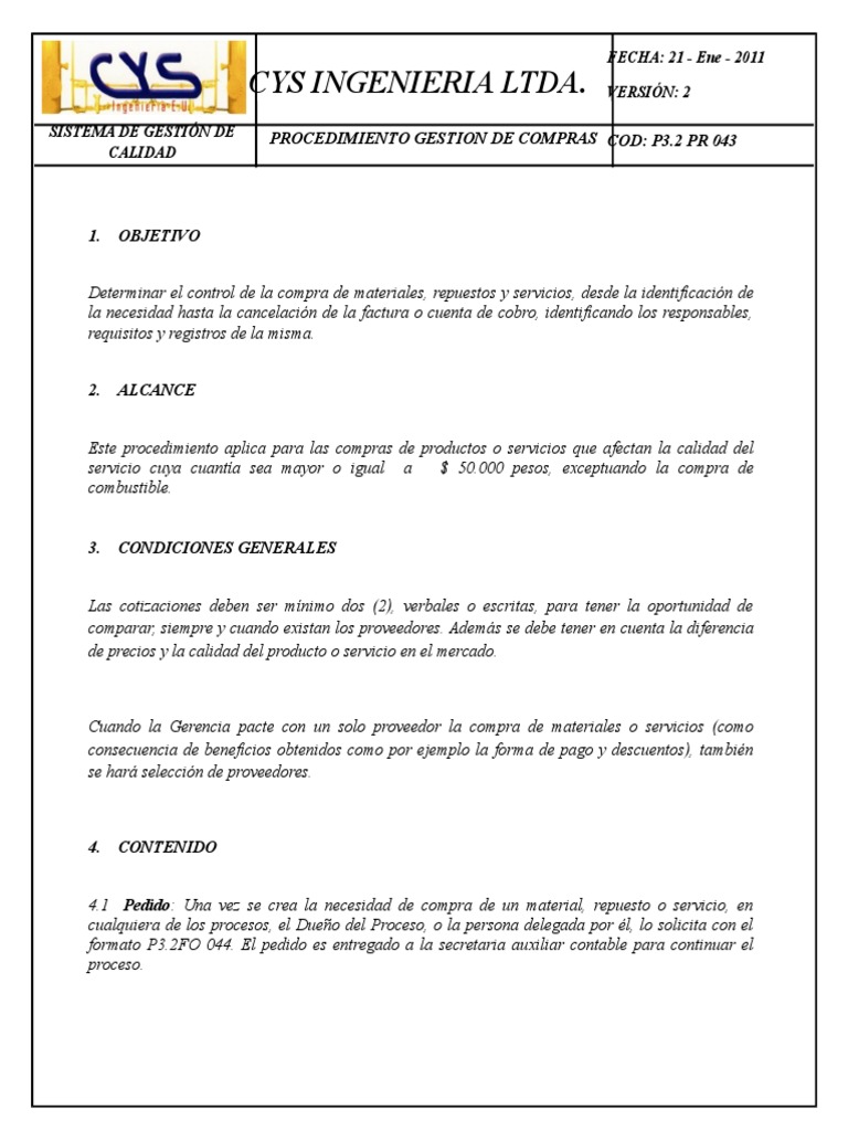 Procedimiento Gestion de Compras | Descargar gratis PDF | Economias ...