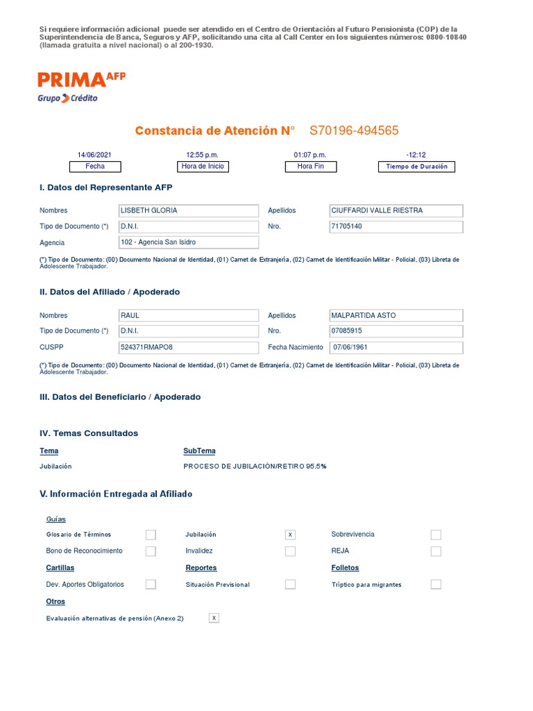 Constancia de Atención N°: I. Datos Del Representante AFP | PDF | Jubilación | Servicios financieros