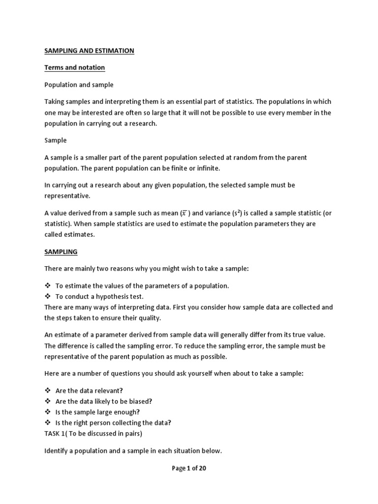 SAMPLING AND ESTIMATION Notes and Examples | PDF | Estimator | Variance