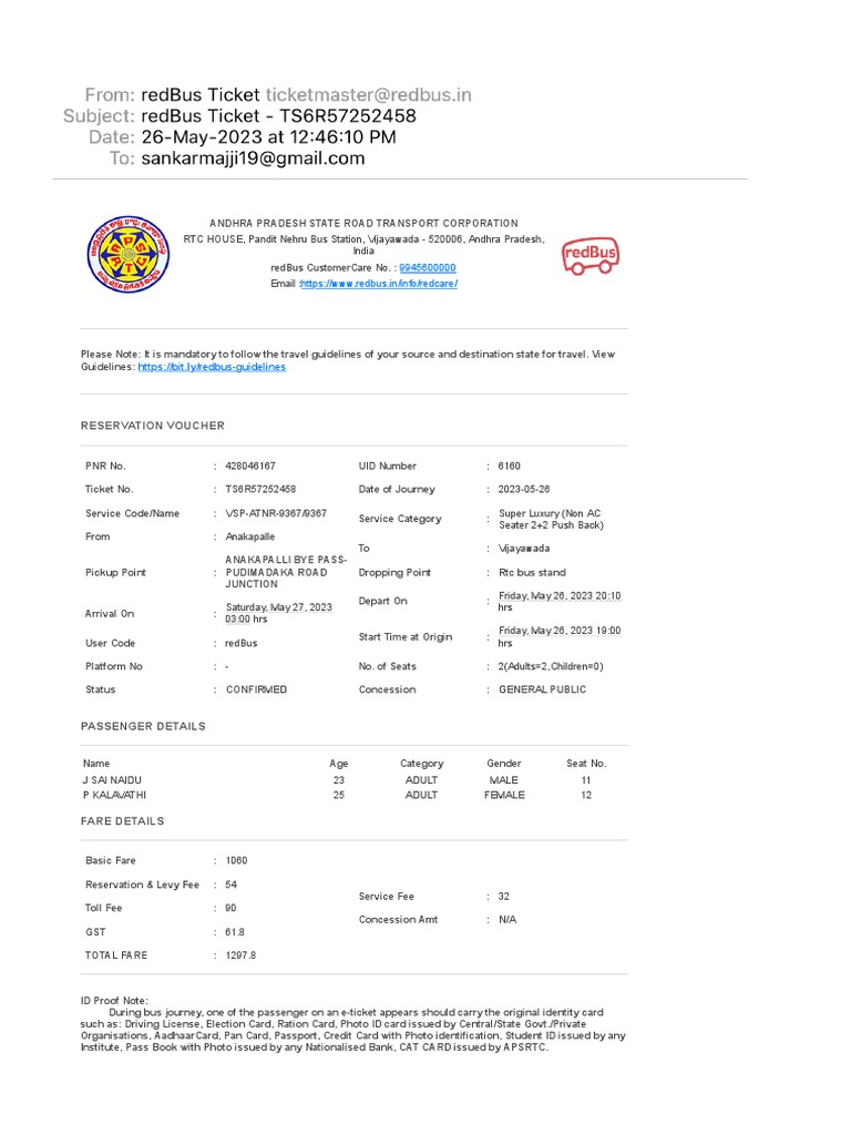 redBus Ticket Confirmation Details | PDF | Identity Document | Ticket ...