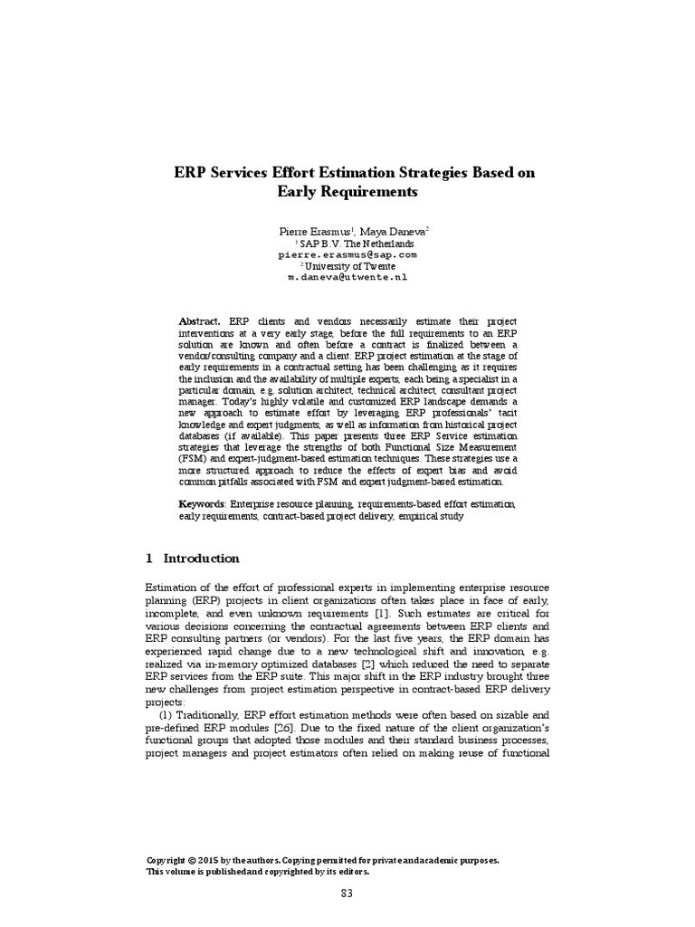 Erp Services Effort Estimation Strategies Based On Early Requirements Pdf Enterprise 