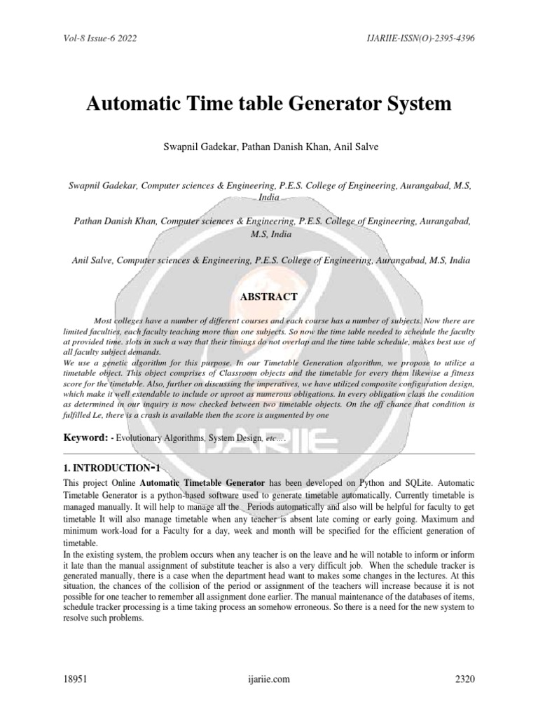 Automated Time Table Generator System Ijariie18951 | PDF | Mathematical Optimization | Genetic ...