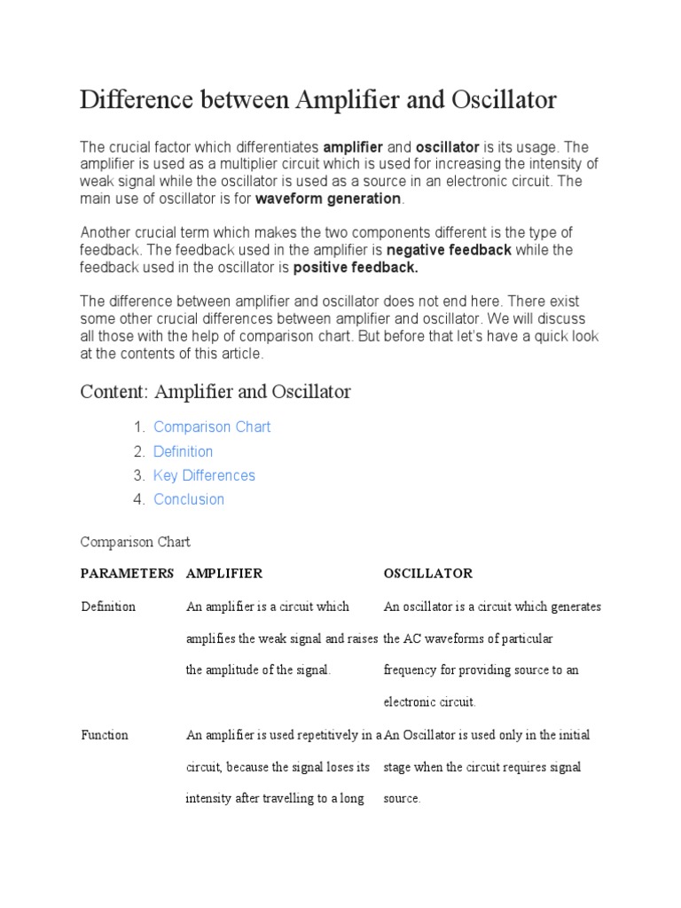 Difference Between Amplifier and Oscillator | PDF | Electronic Oscillator | Amplifier