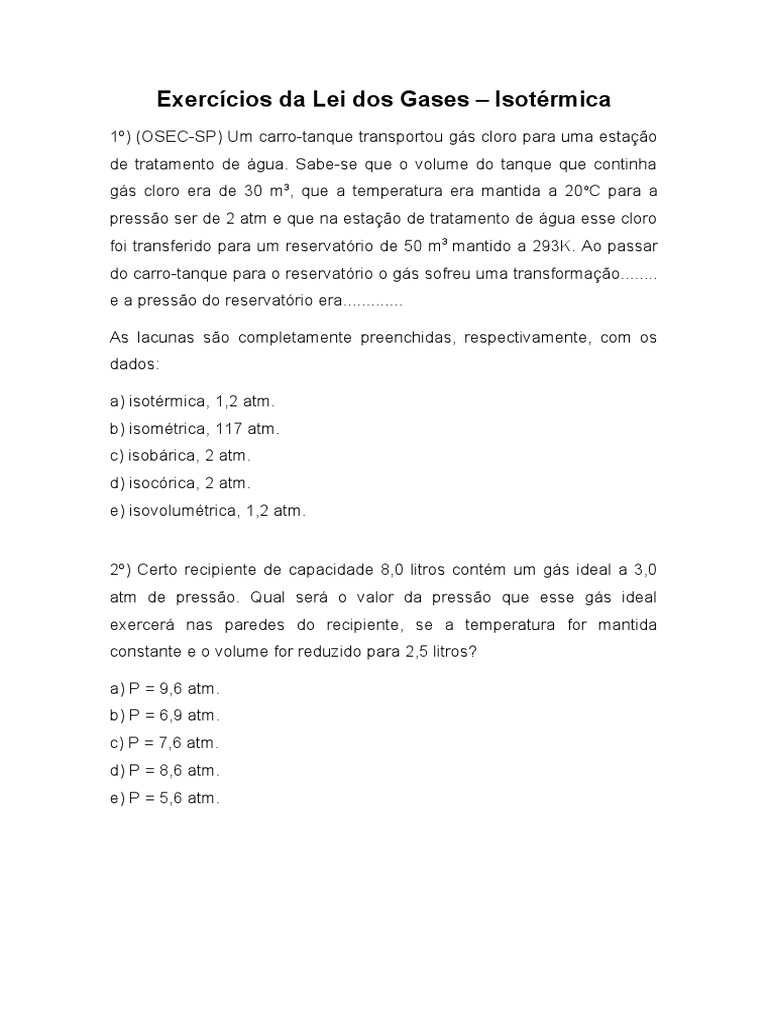Exercícios da Lei dos Gases | PDF | Gases | Temperatura